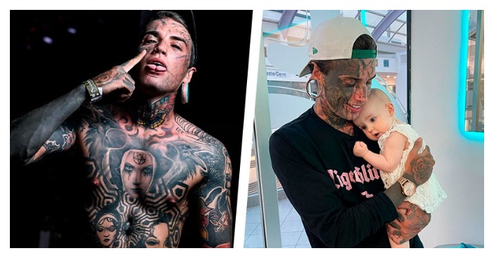 A tattooed man with a cut tongue and black eyeballs transforms himself ...